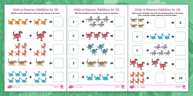 Hide-a-Saurus Dinosaur Addition to 10 Worksheet