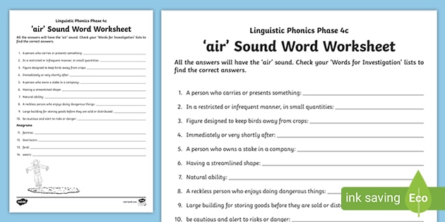 Linguistic Phonics Phase 4c 'air' Sound Word Worksheet
