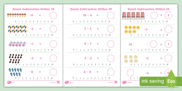 👉 Beach Subtraction Within 10 Activity Sheet - Twinkl