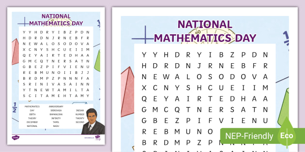 National Mathematics Day Word Search (teacher made)