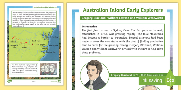 Australian Early Inland Explorers - Blaxland, Lawson and Wentworth Fact ...