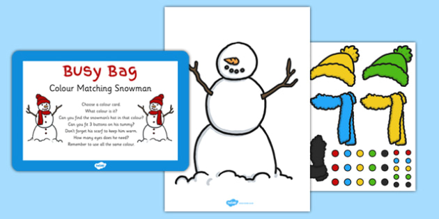 Colour Matching Snowman Busy Bag Prompt Card and Resource Pack