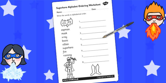 Superhero Themed Alphabet Ordering Worksheet Differentiated