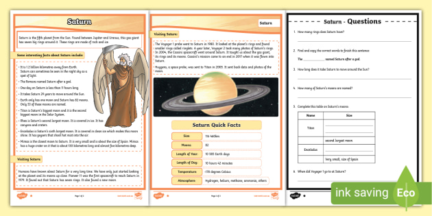 Saturn Differentiated Fact Files and Comprehension Activity