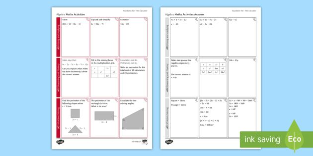 Foundation: Algebra (Non-Calculator) Revision Activity Mat - Secondary ...