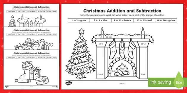 Christmas Additon and Subtraction to 20 Colour by Number
