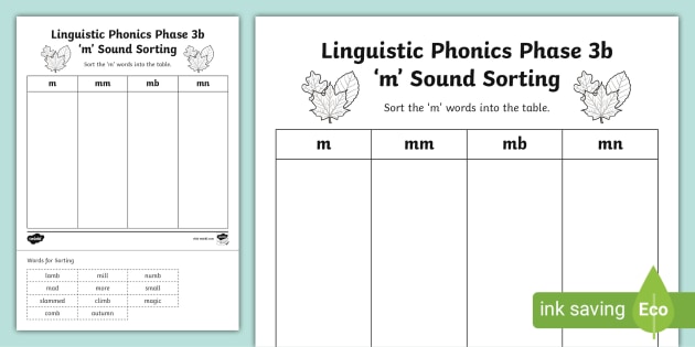 NI Linguistic Phonics Phase 3b 'm' Sound Sorting Activity