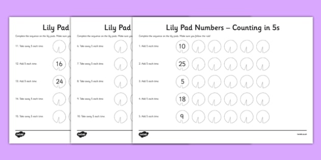 Lily Pad Counting in Fives Including From Non-Multiples Worksheet