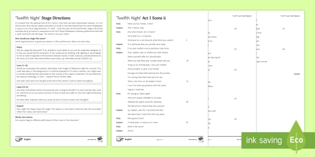 GCSE 'Twelfth Night' Stage Directions Worksheet