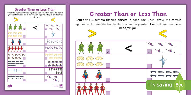 Superhero-Themed Greater Than or Less Than up to 10 Worksheet