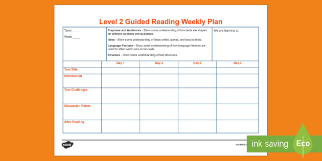New Zealand Guided Reading Weekly Plan Level 2 Editable Proforma