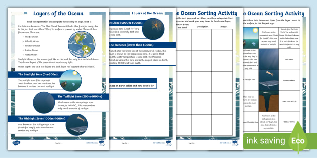 Layers of the Ocean Activity Sorting Science (teacher made)