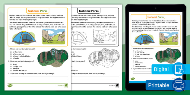 First Grade National Parks Reading Comprehension Passage Activity