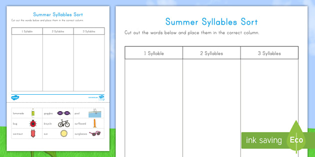 Summer Syllables Sort Worksheet / Activity Sheet - Summer, summer season