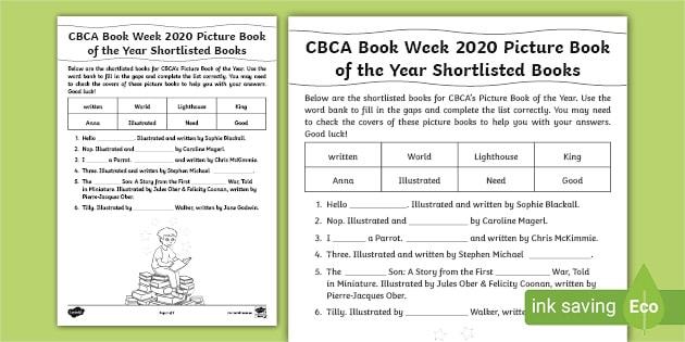 CBCA Book Week 2020 Picture Book of the Year Cloze Activity