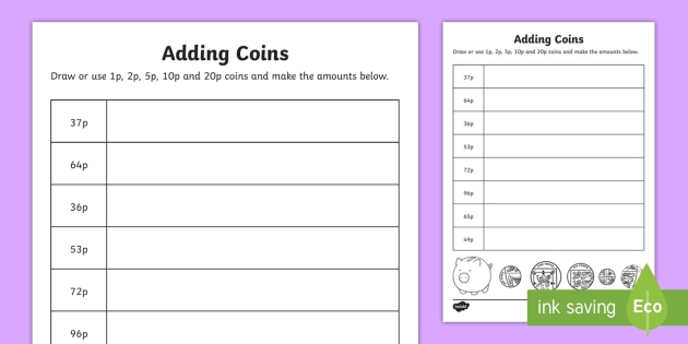 Adding Coins: 1p, 2p, 5p, 10p and 20p Worksheet / Worksheet