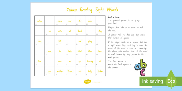 Yellow Reading Sight Words Board Game - Literacy, Reading, Yellow sight