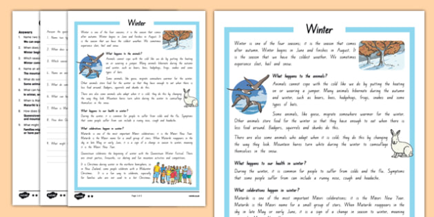 New Zealand Winter Differentiated Reading Comprehension Activity