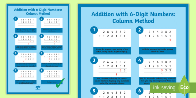 Addition Column Method Poster 6 Digit Numbers Display Poster