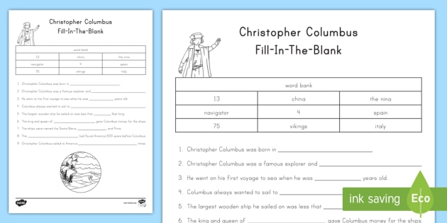 Columbus Fill-in-the-Blank Worksheet / Activity Sheet