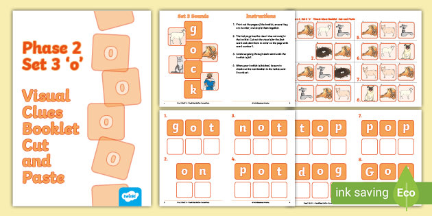 Phase 2, Set 3, 'o' Visual Cues Word Cut and Paste Booklet