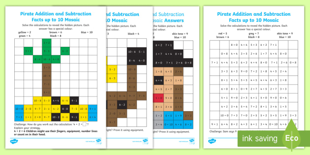 EYFS Pirate Addition and Subtraction Facts up to 10 Maths Mosaics - Pirates