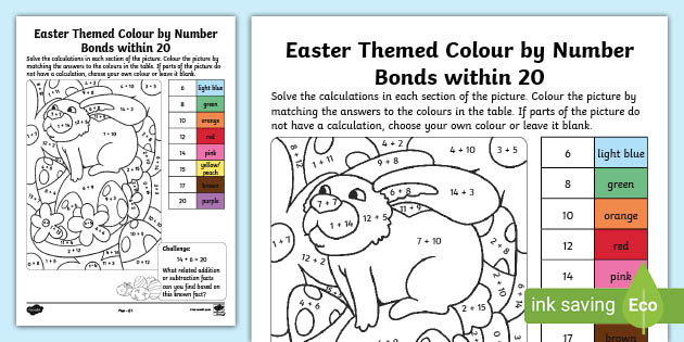 👉 Colour by Number Bonds Within 20 Easter Worksheet