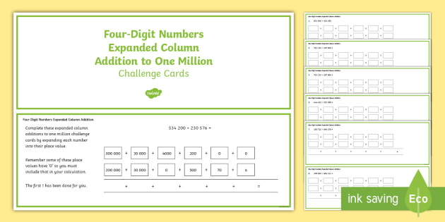Expanded Column Addition to One Million Challenge Cards