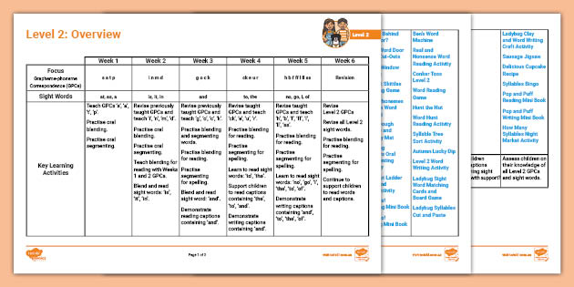 Twinkl Phonics planning overview, Level 2, Foundation, level