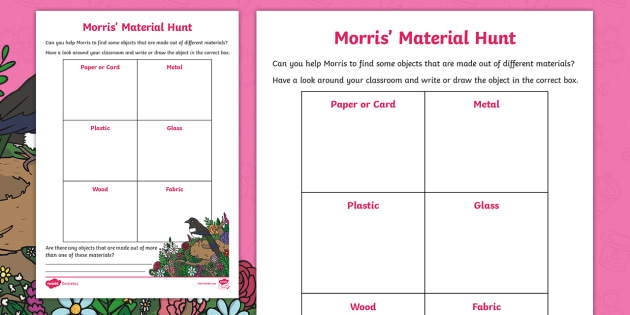 The Messy Magpie Material Hunt KS1 Worksheet (teacher made)