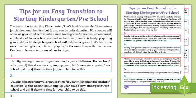 Tips for Easy Transition to Kindergarten/Pre-School Poster