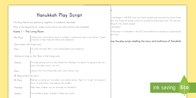 Hanukkah Play Script Worksheet - play script, Hanukkah, reading, acting