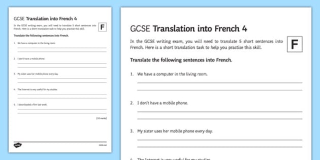 GCSE French Translation into French 4 Foundation Tier Worksheet