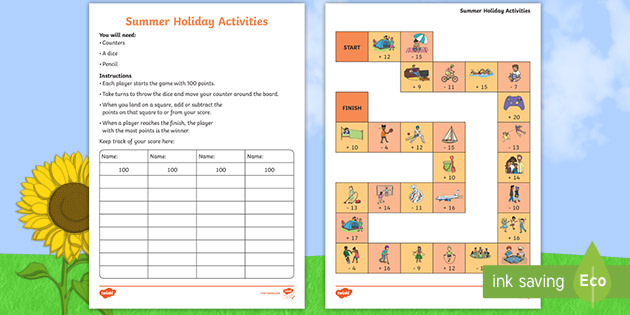 Summer-Themed Addition and Subtraction Board Game
