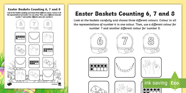 👉 Easter Baskets Counting 6, 7 and 8 Worksheet