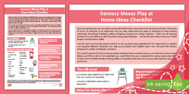 Sensory Messy Play at Home Ideas Checklist (teacher made)