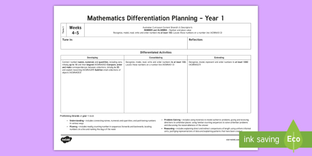 Year 1 Number Mathematics Differentiated Plan (teacher made)