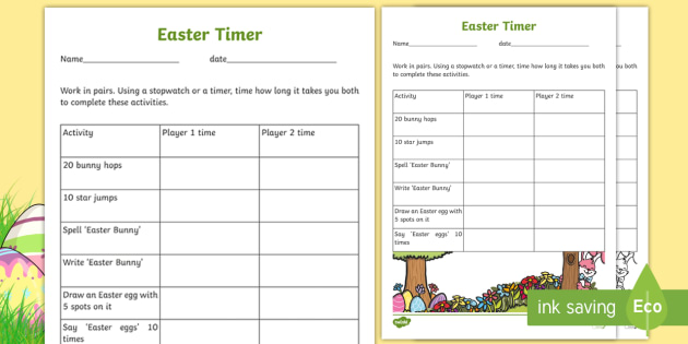 Easter Activity Timer Sheet - First Level - Twinkl