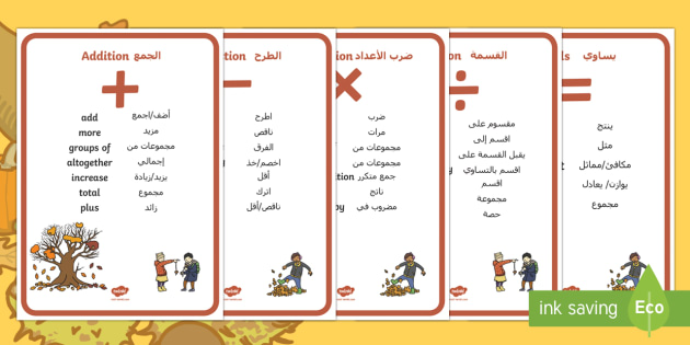Autumn Themed Maths Vocabulary Display Poster Pack Arabic/English
