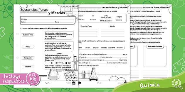 Hoja De Trabajo Sobre Sustancias Puras Y Mezclas