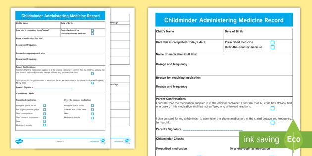 Childminder Medicine Permission Form and Record Sheet