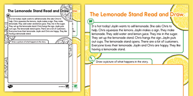 Lemonade Stand Read and Draw Worksheet for Kindergarten Kids