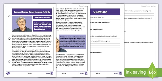 Seamus Heaney Comprehension Activity Week Sixteen Homework