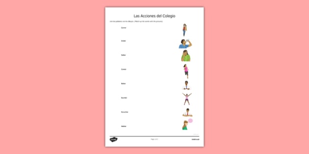 Las Acciones del Colegio Infinitive Verbs Spanish Match Up Worksheet