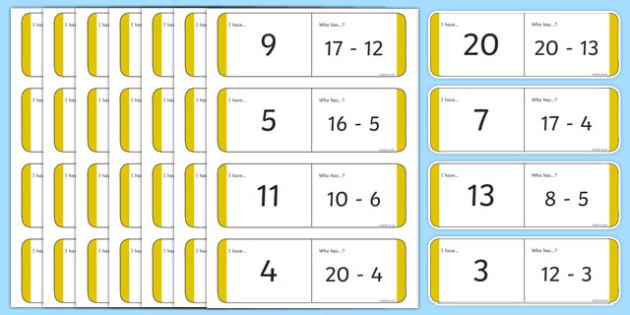 Subtraction to 20 Loop Cards