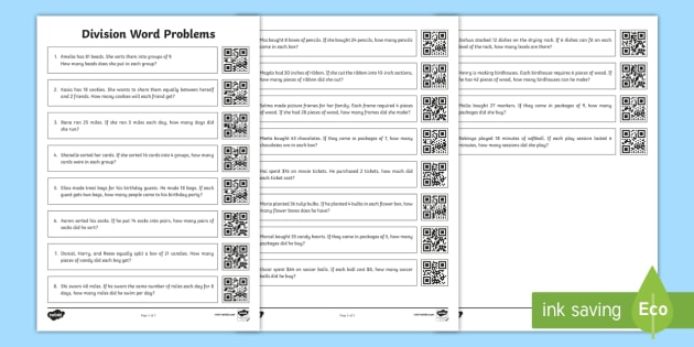 Division Word Problems Code Hunter Cards (teacher made)