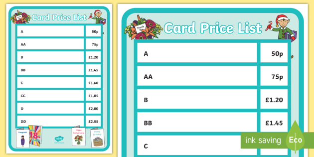 FREE! - Card Price List (teacher made)