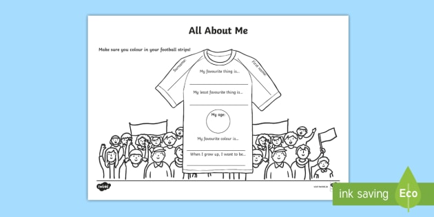 All About Me Football T-Shirt Worksheet (teacher made)