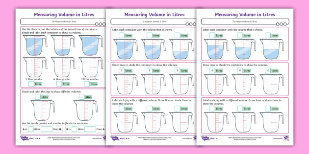 Y2 Measuring Volume in Litres Differentiated Maths Worksheet
