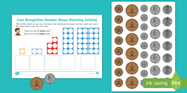 * NEW * Coin Recognition Number Shapes Matching Activity Sheet